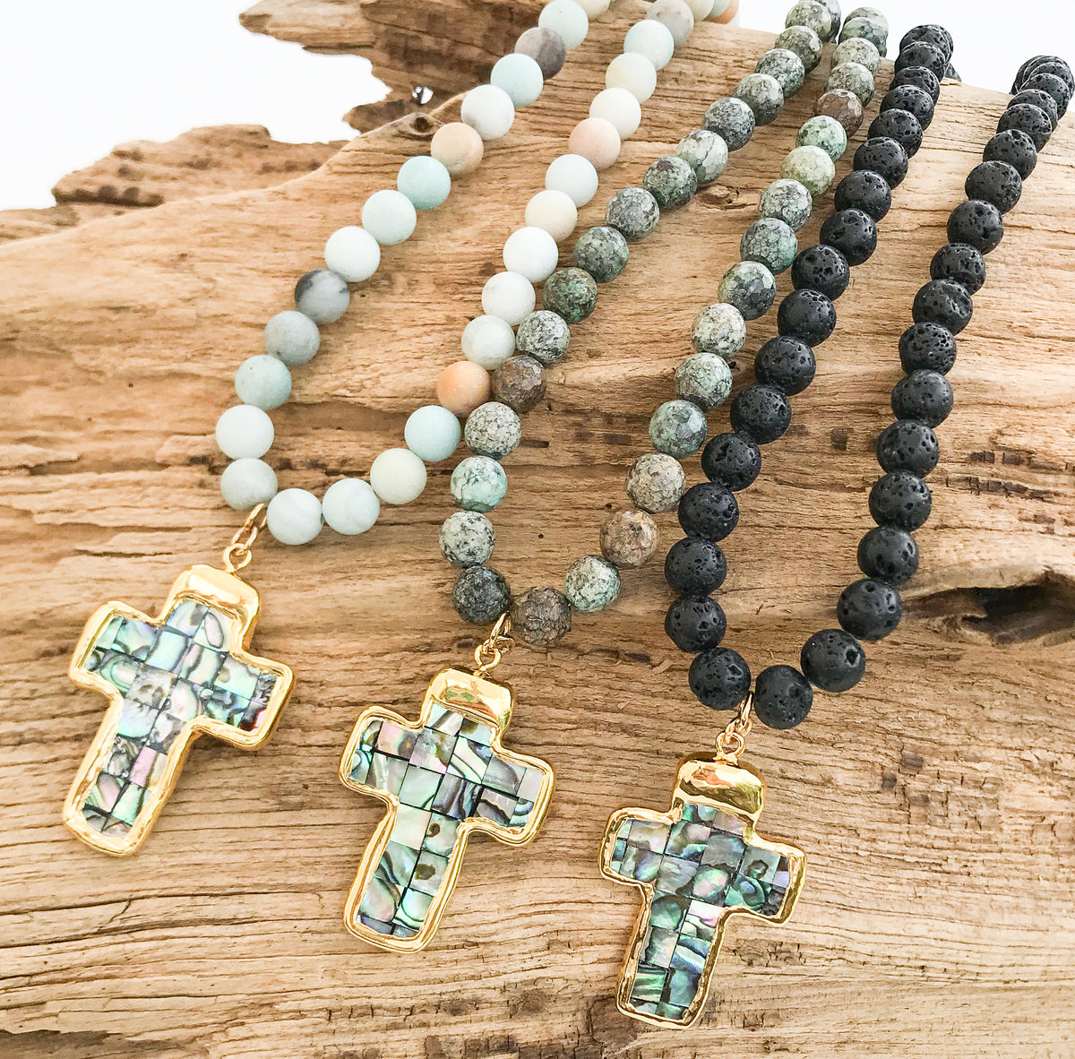 Abalone Cross on 8mm Gemstone – Virtue Jewelry Design