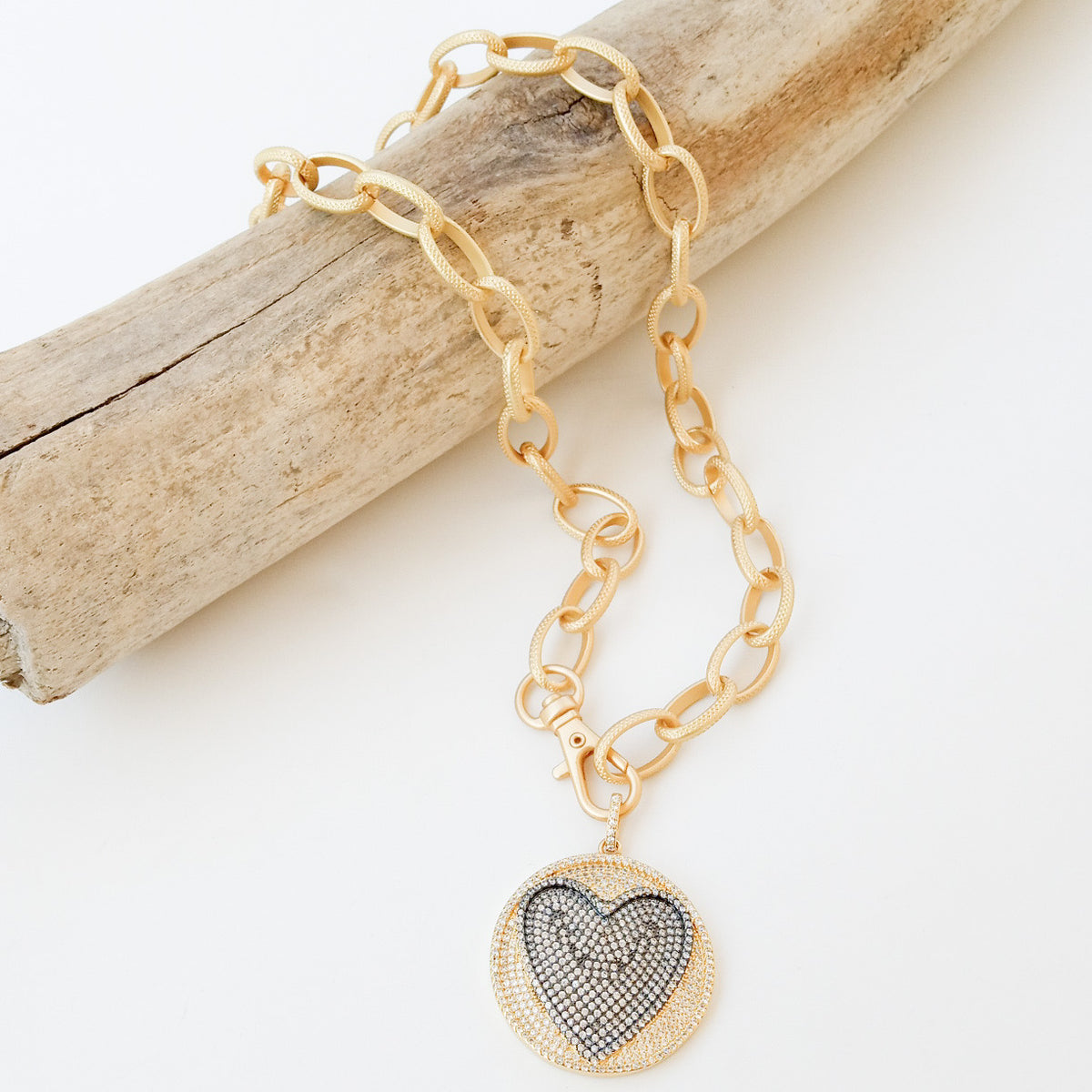 Pave Heart Disc on 20” Etched Chain – Virtue Jewelry Design