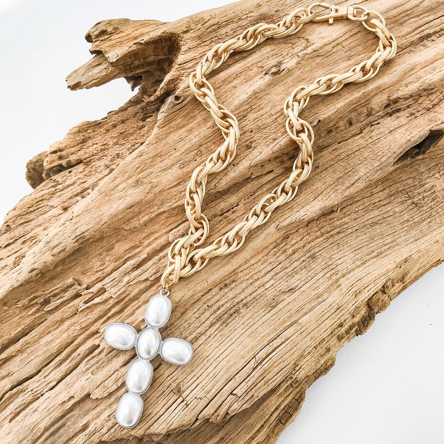 Large Pearl Cross on Twisted Etched Chain – Virtue Jewelry Design