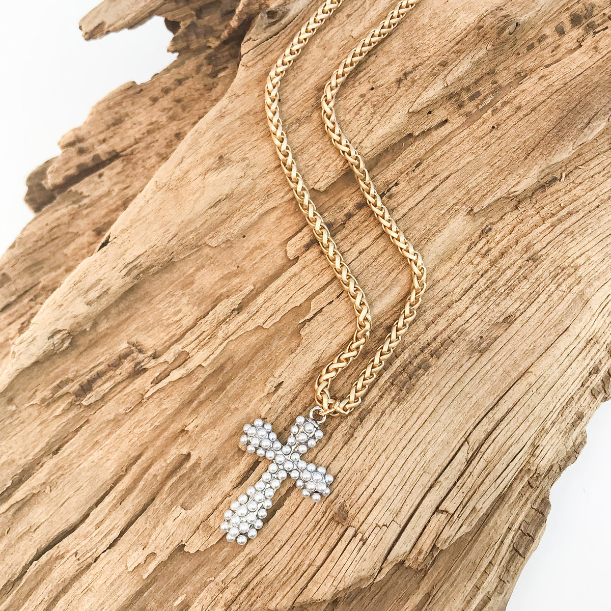 Wheat Chain Pearl Rounded Cross – Virtue Jewelry Design
