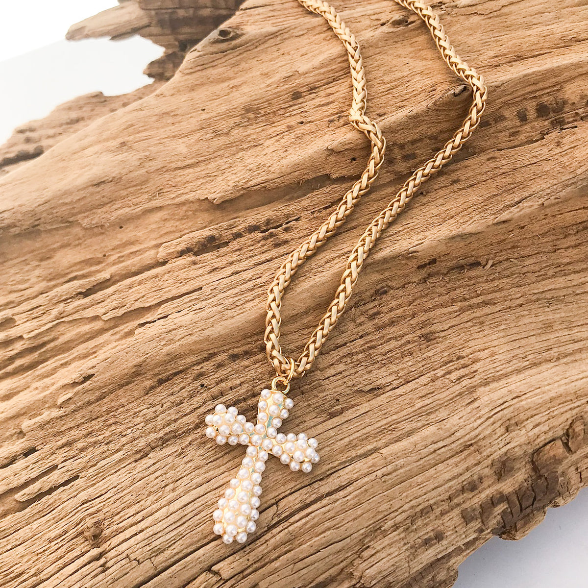 Wheat Chain Pearl Rounded Cross – Virtue Jewelry Design