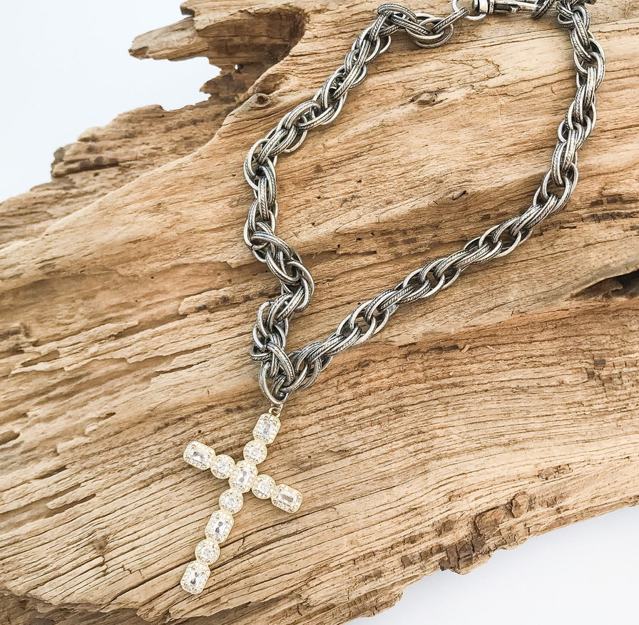 Large Venetian Rhinestone Cross on Twisted Etched – Virtue Jewelry Design