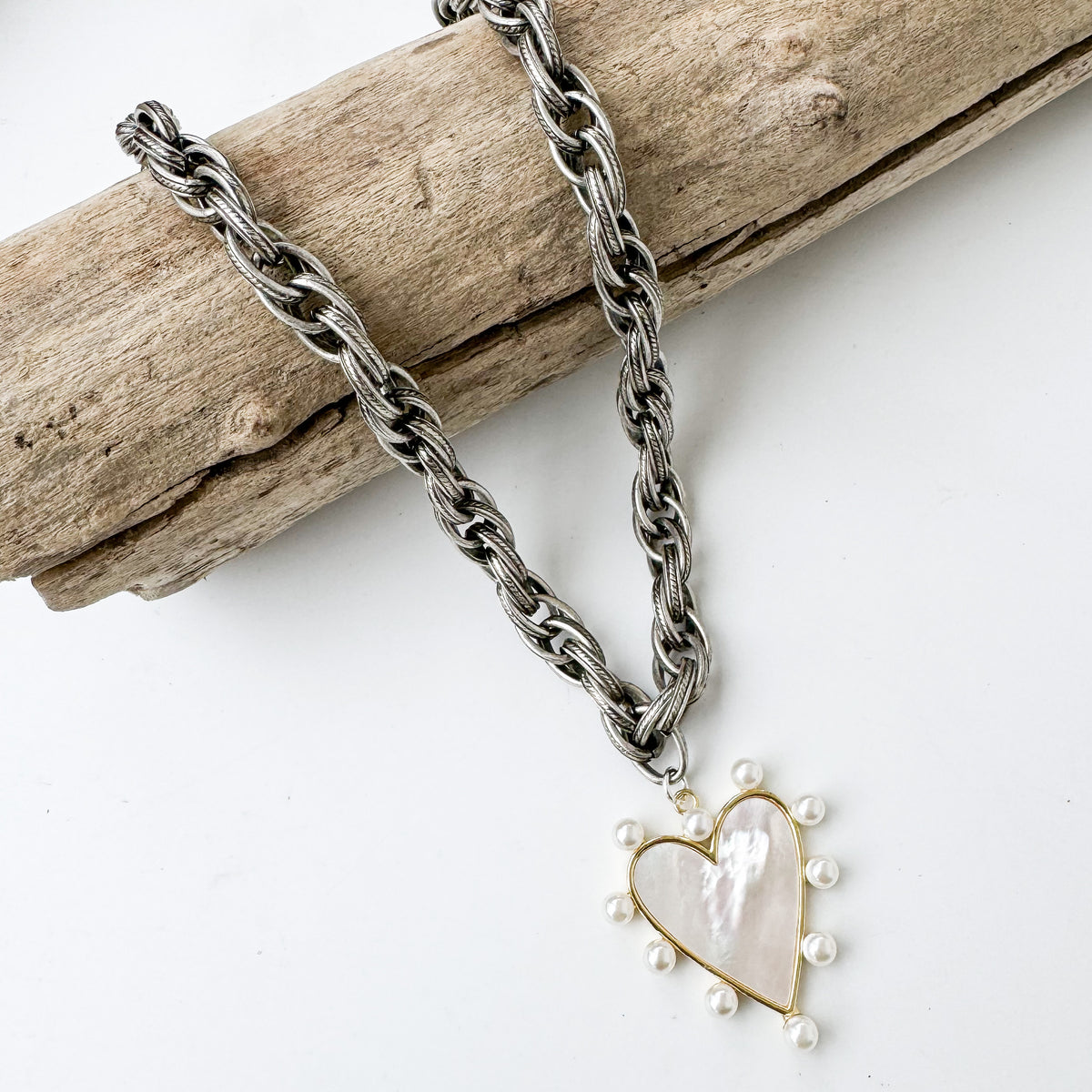 Pearl Studded Heart on Twisted Etched Chain – Virtue Jewelry Design