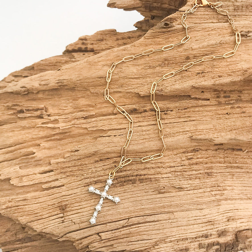 Pearl Accented Cross on Paperclip – Virtue Jewelry Design