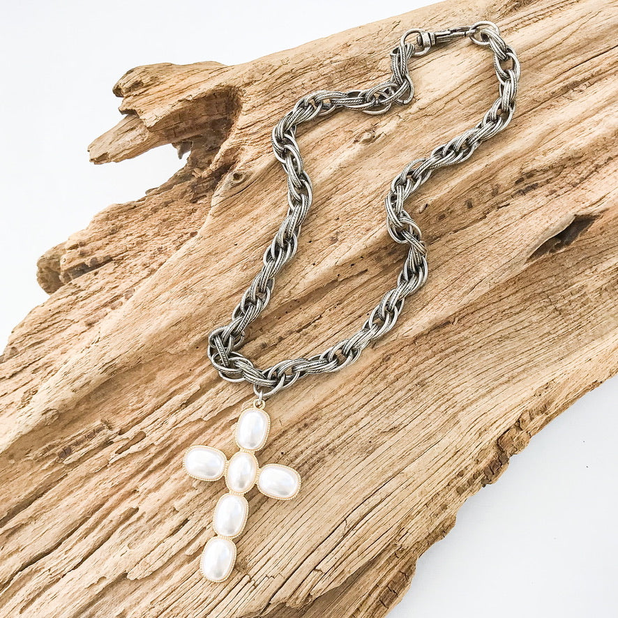 Large Pearl Cross on Twisted Etched Chain – Virtue Jewelry Design