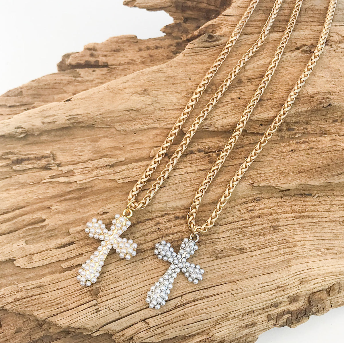 Wheat Chain Pearl Rounded Cross – Virtue Jewelry Design