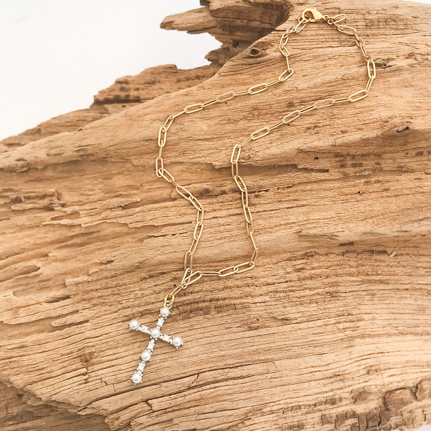 Pearl Accented Cross on Paperclip – Virtue Jewelry Design