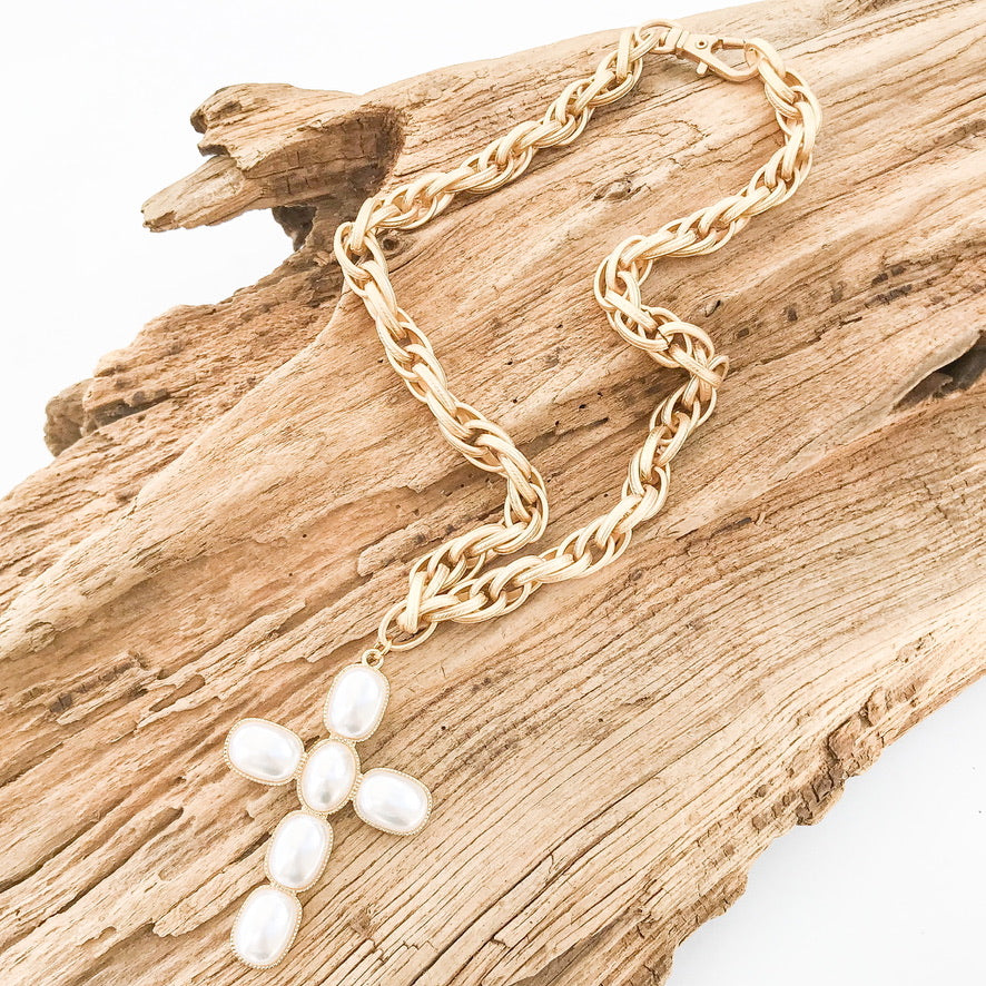 Large Pearl Cross on Twisted Etched Chain – Virtue Jewelry Design